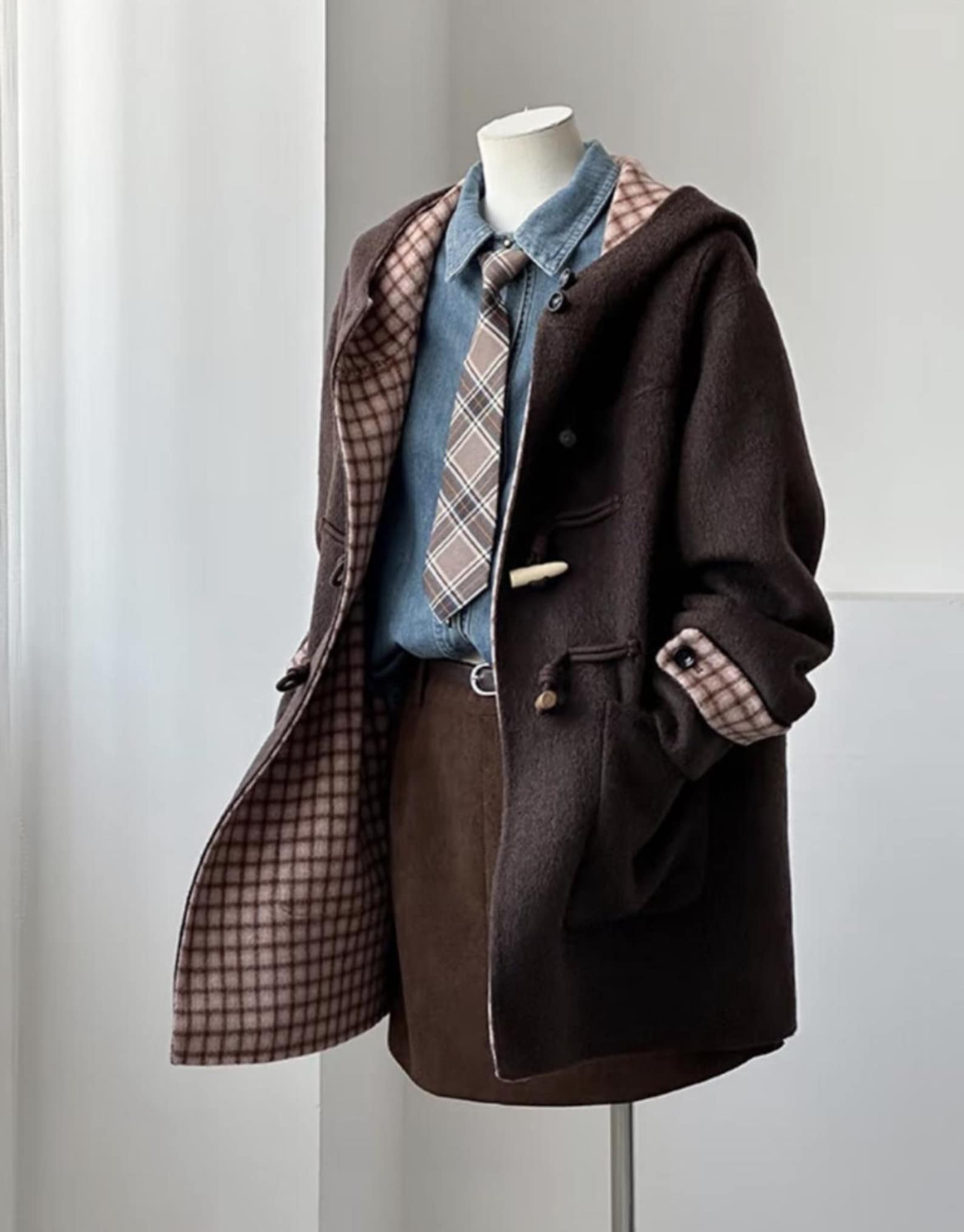 Fern Hooded Toggled Duffle Coat - Brown – Handmade Double-faced Wool ...