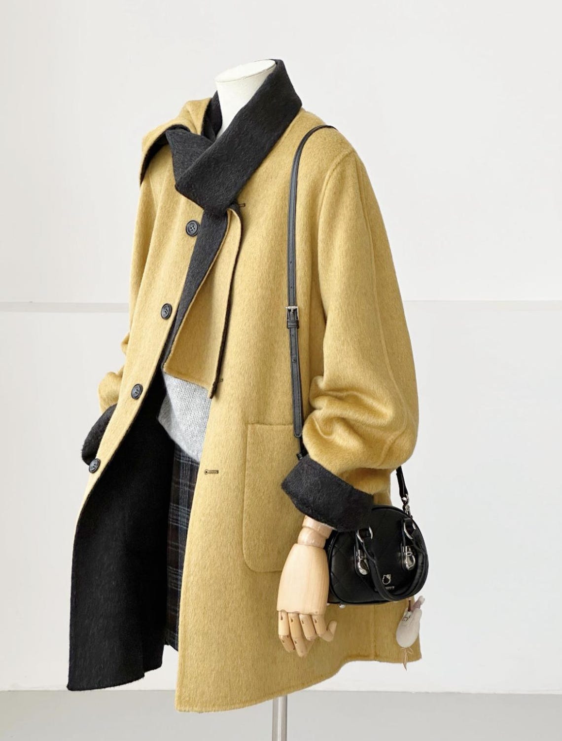 Reversible Two-tone 100% Wool Coat With Built-in Scarf, Olive, Black ...