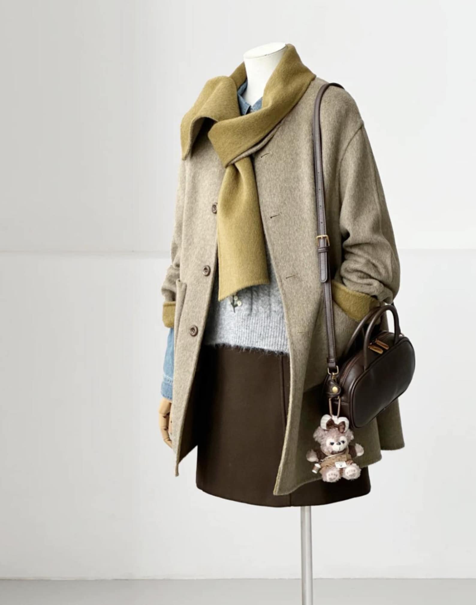 Reversible Two-tone 100% Wool Coat With Built-in Scarf, Olive, Black ...