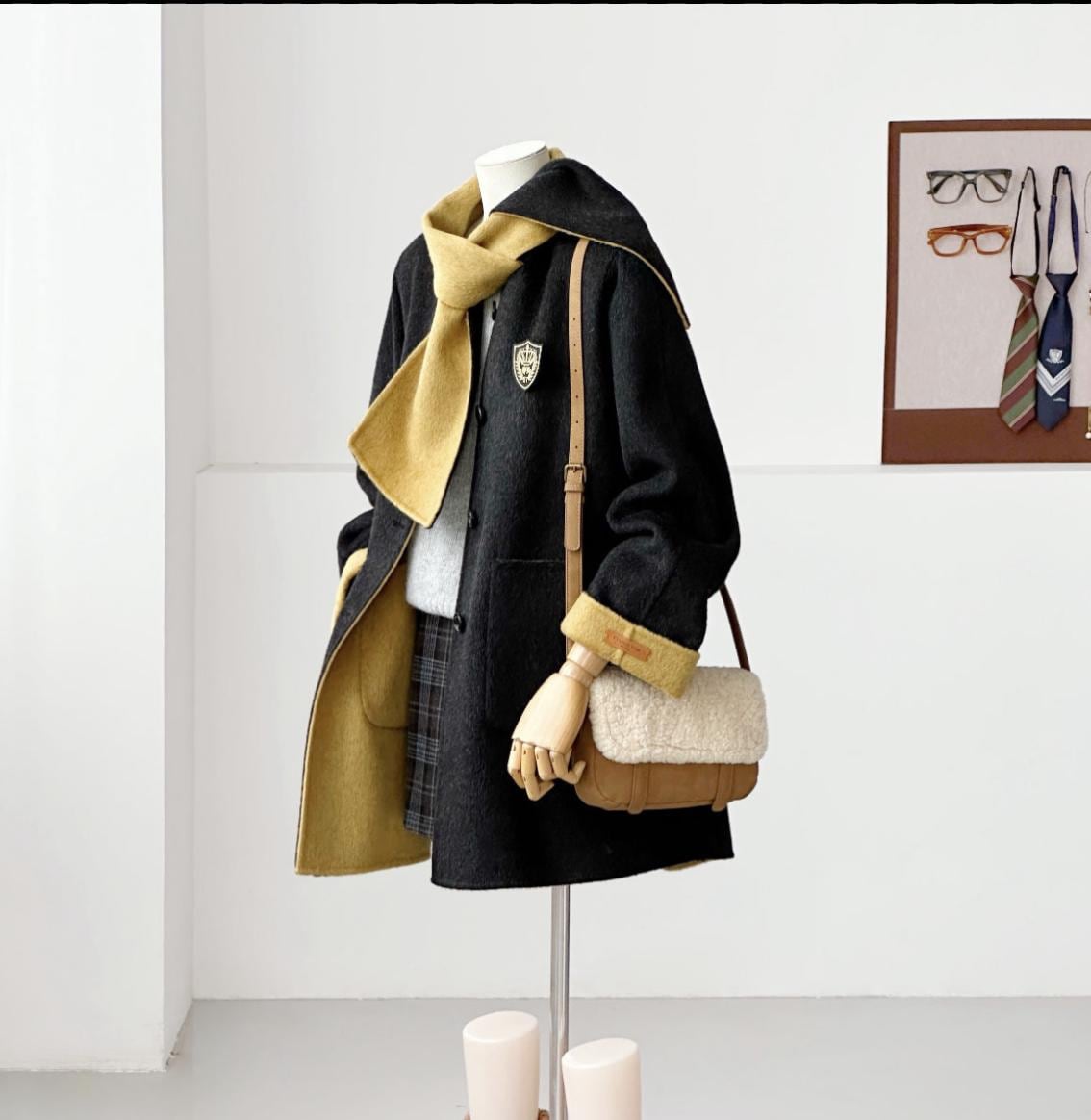 Reversible Two-tone 100% Wool Coat With Built-in Scarf, Olive, Black ...