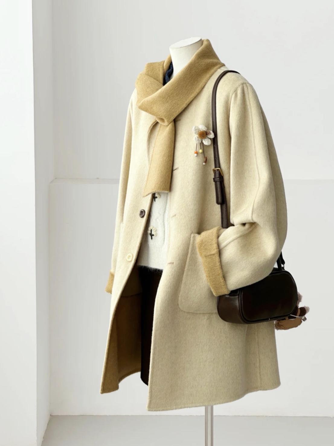 Reversible Two-tone 100% Wool Coat With Built-in Scarf, Olive, Black ...