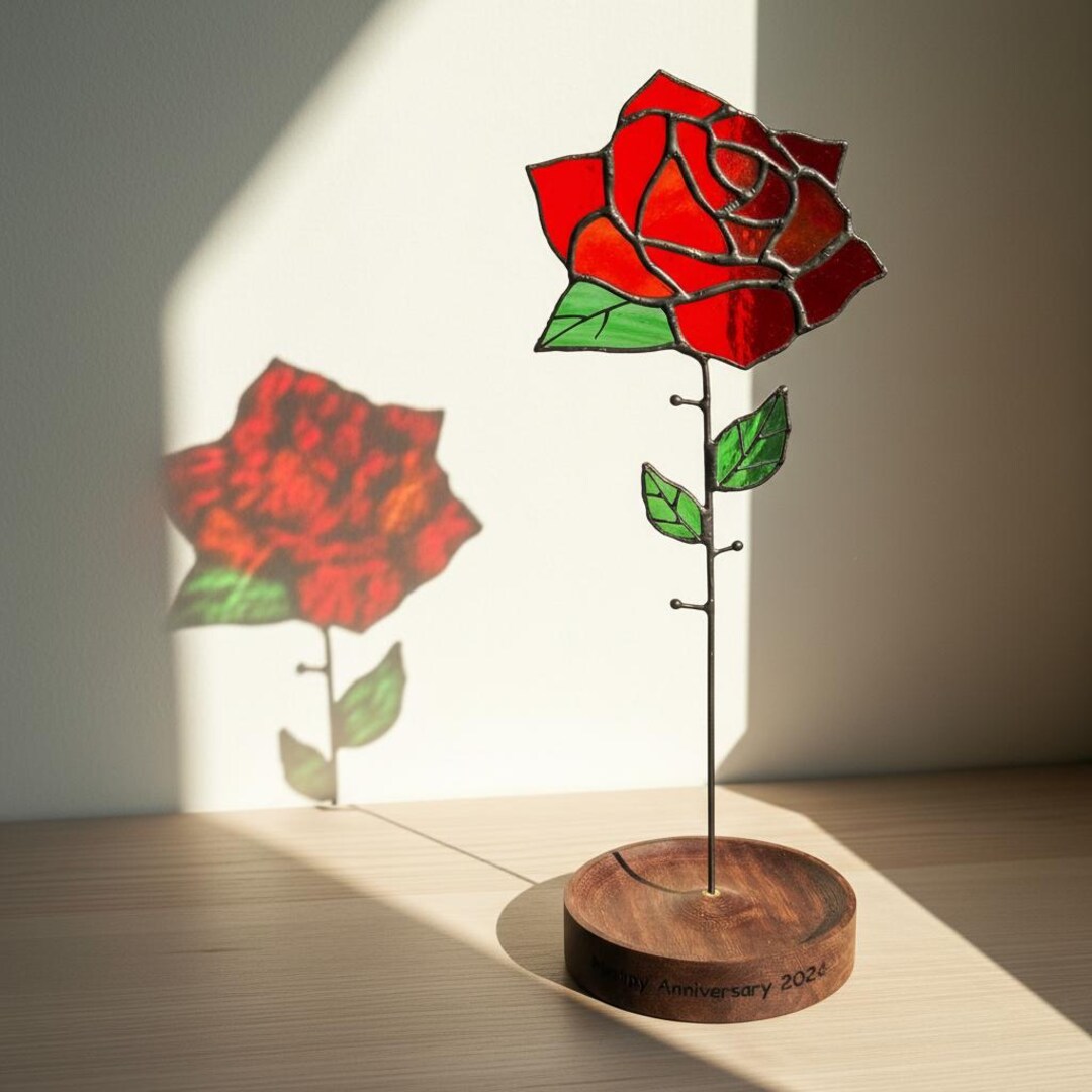 Stained Glass Rose Gift With Engraved Wooden Base, Forever Rose ...
