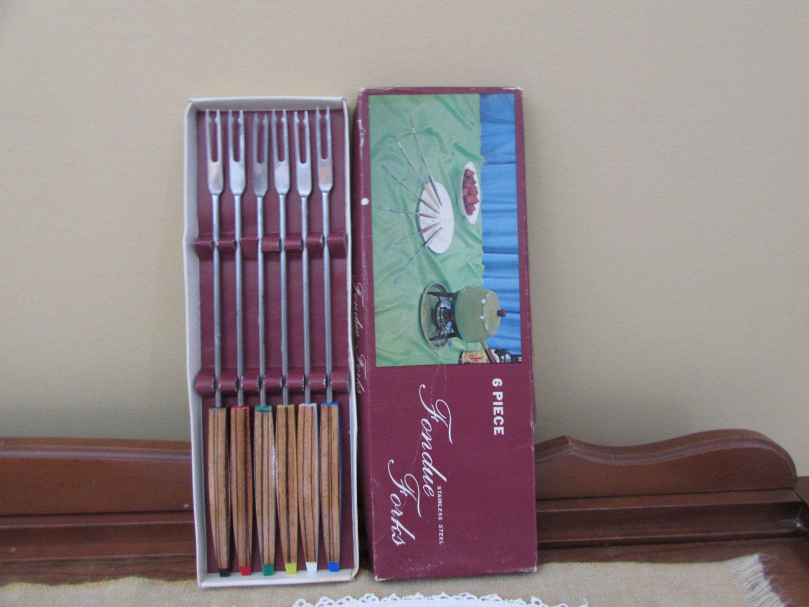 Fondue Forks Stainless Steel Woodgrain 6 Piece Set in Original Box ...