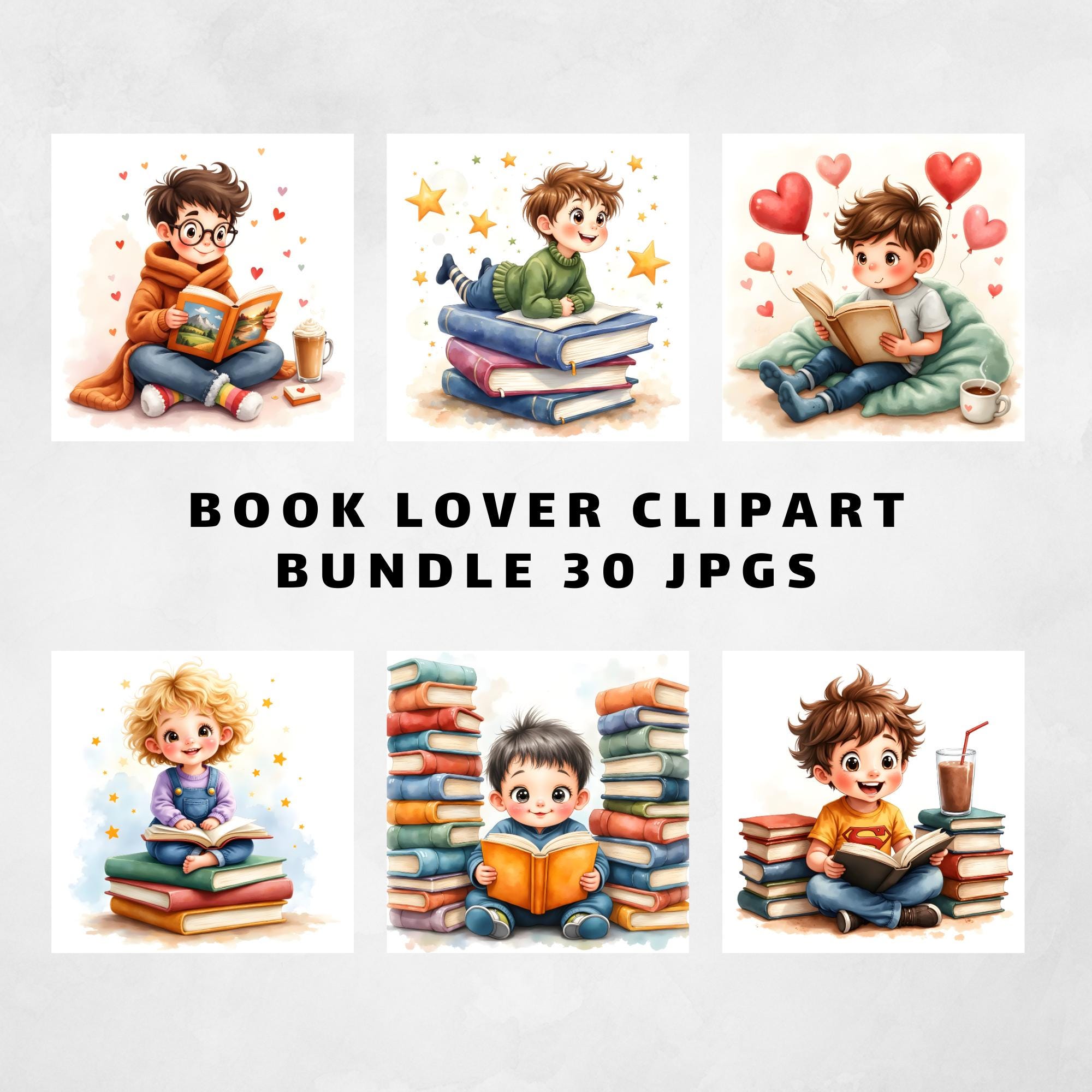 Book Lover Clipart Set – 30 Cozy Reading JPG Illustrations for Stickers ...