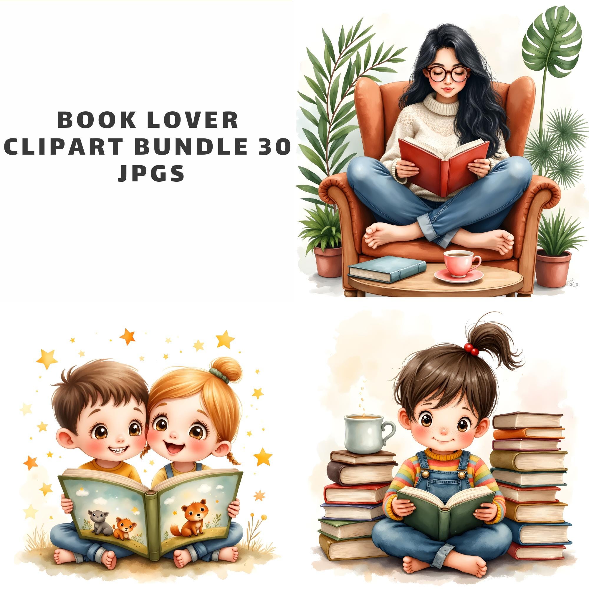 Book Lover Clipart Set – 30 Cozy Reading JPG Illustrations for Stickers ...