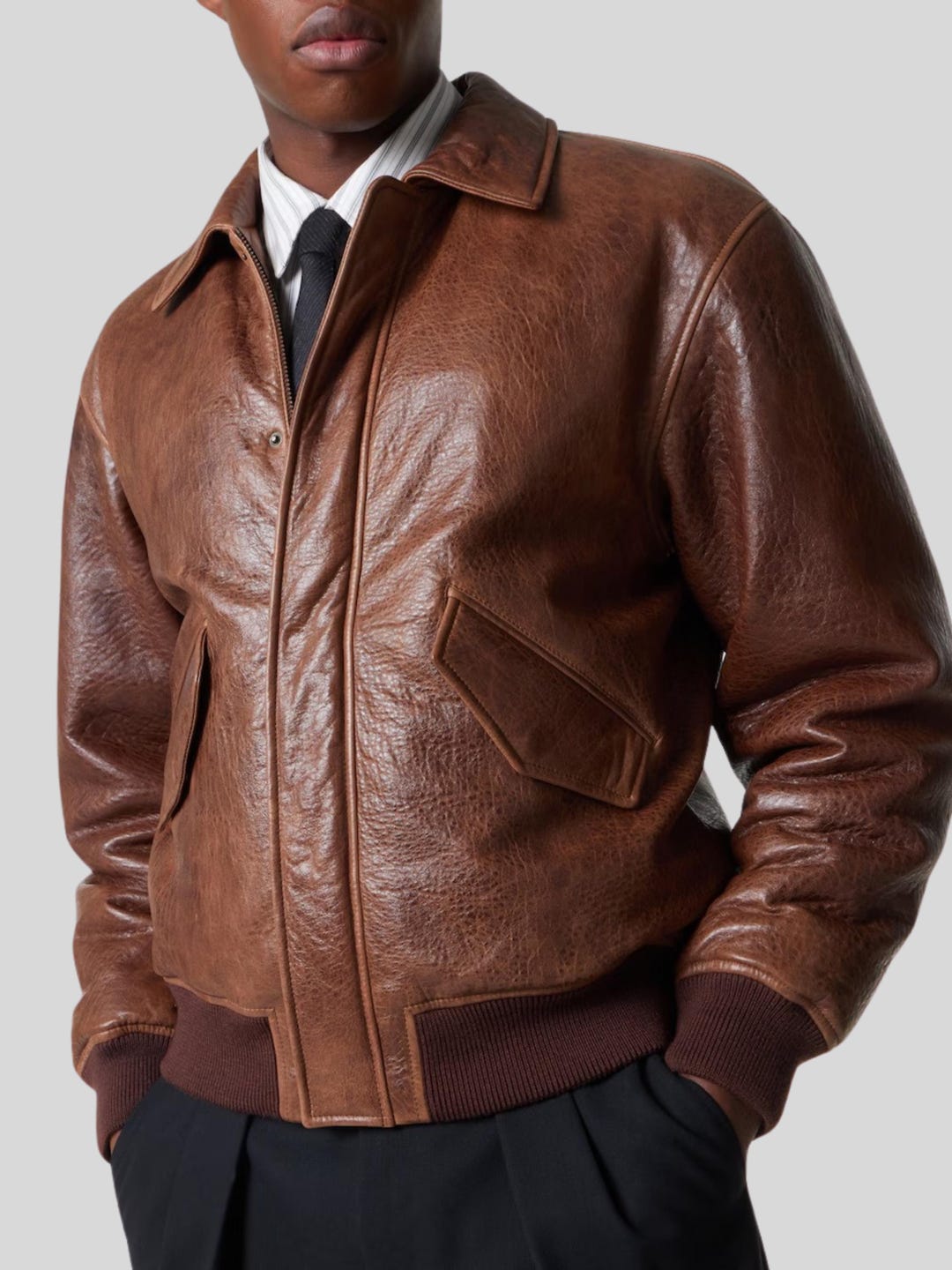 Brown Leather Bomber Jacket – Lambskin Ribbed Cuff & Zip Closure ...