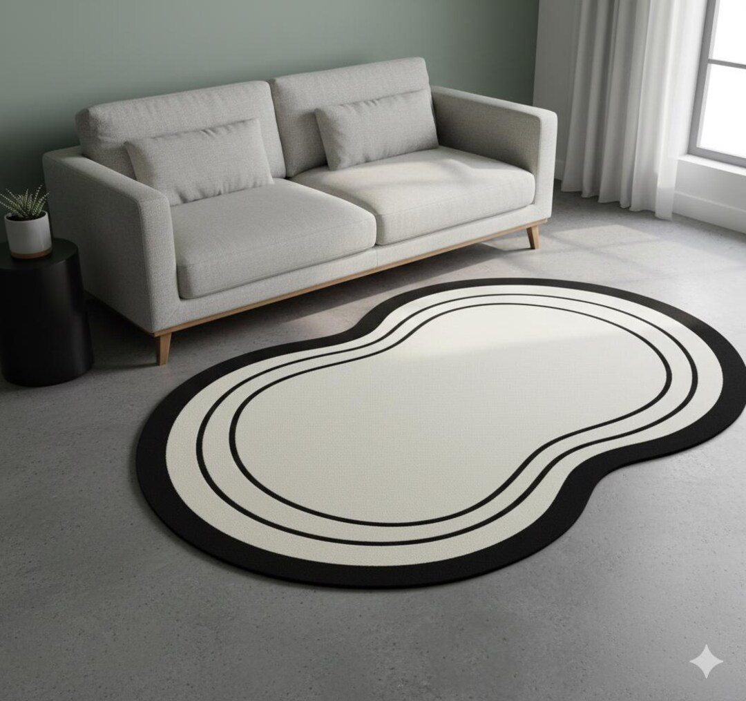 Wavy Kidney Shaped Rug - Abstract Black & White Aesthetic Rug ...