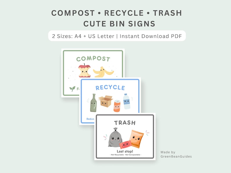 Cute Compost Recycle Trash Signs (printable PDF), Earth Day, for School ...