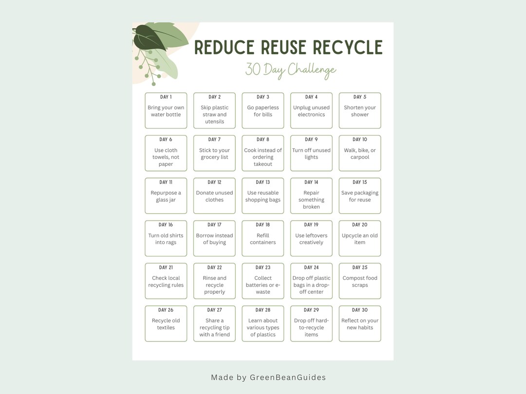 30 Day Reuse Reduce Recycle Challenge, Eco Friendly Habit Tracker ...