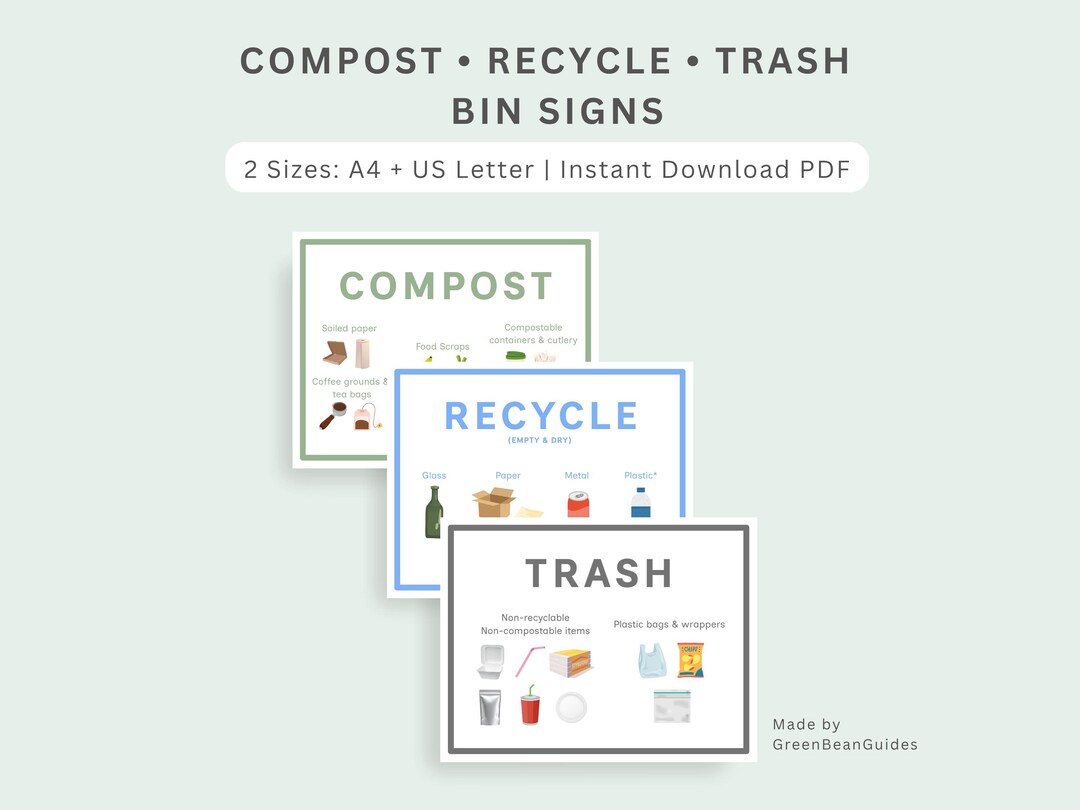 Compost Recycle Trash Signs (printable PDF), for Home Kitchen, School ...