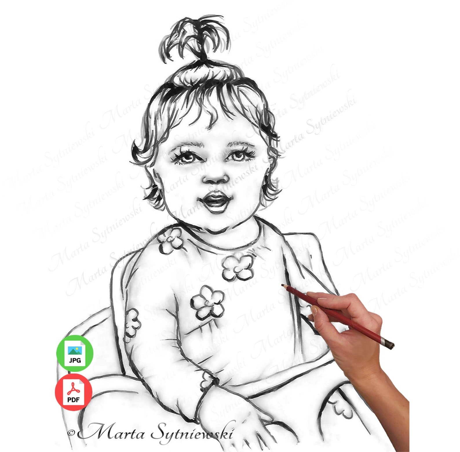 Baby Portrait Coloring Page, Art Therapy Activity Grayscale Coloring ...