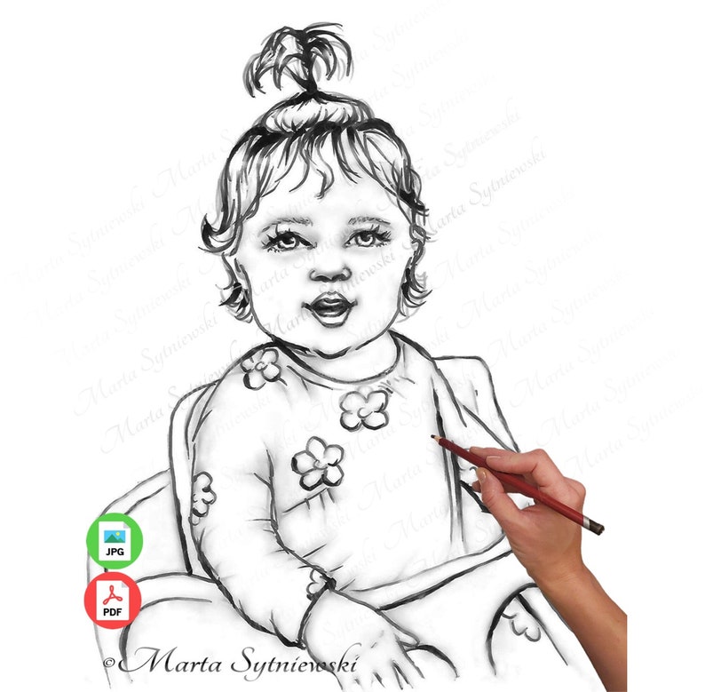 Baby Portrait Coloring Page, Art Therapy Activity Grayscale Coloring ...
