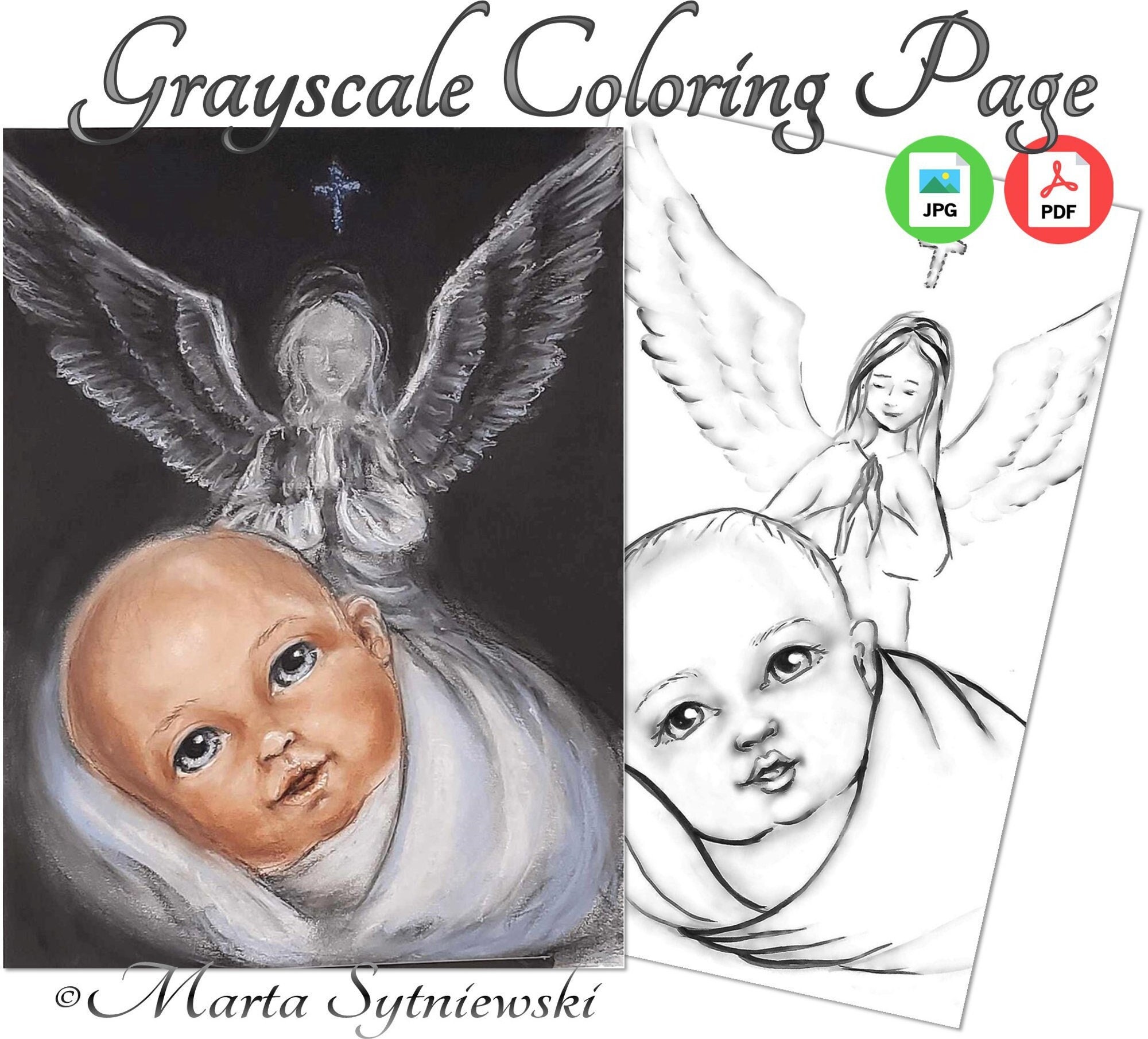 Baby Angel Coloring Page for Adults and Kids, Baby Baptism Activity ...