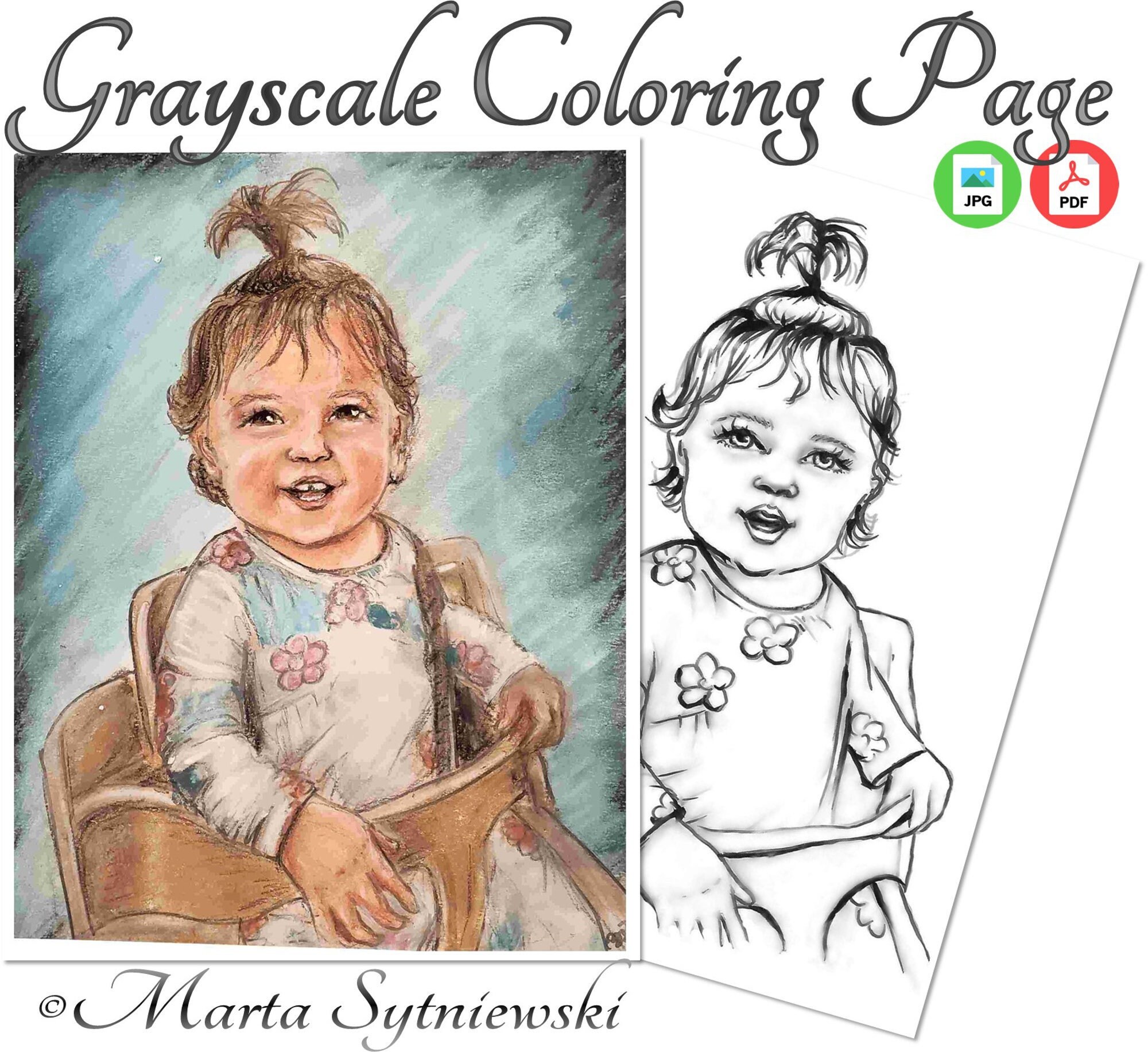 Baby Portrait Coloring Page, Art Therapy Activity Grayscale Coloring ...