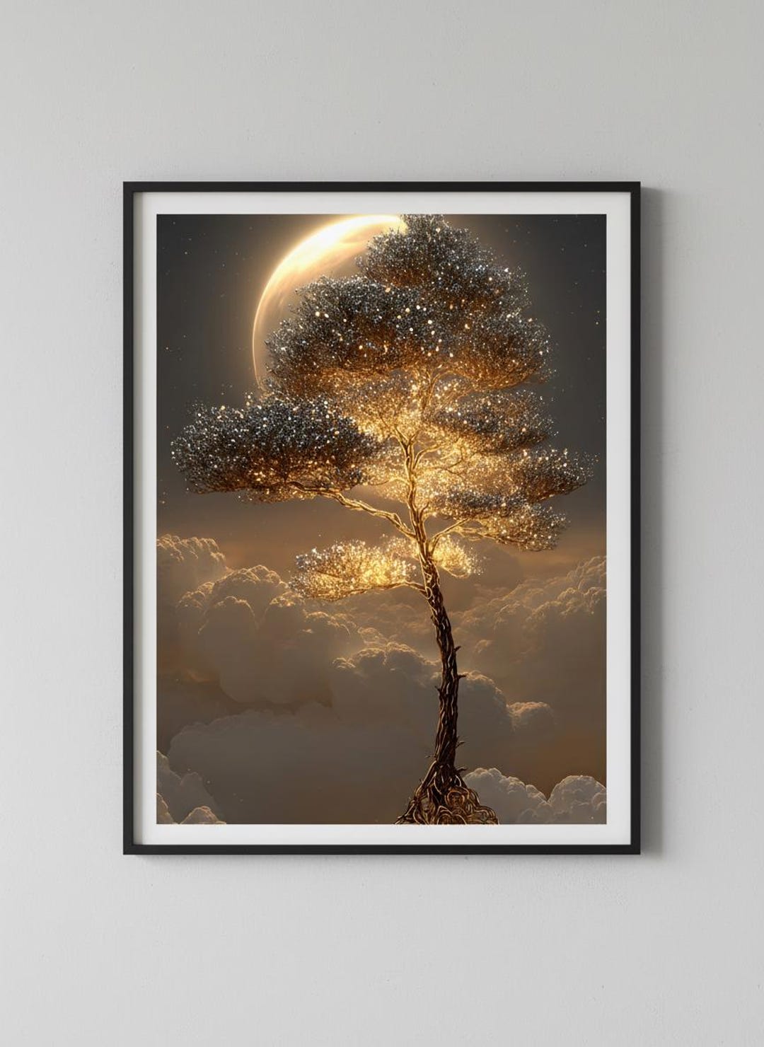 Cosmic Tree Wall Art, Golden Light Tree, Celestial Fantasy Art, Moon ...