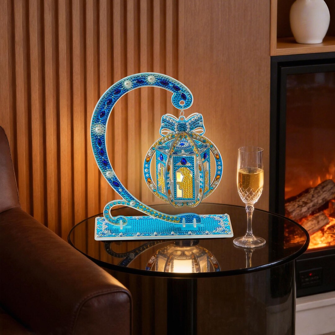 DIY 3D Acrylic Diamond Painting Lantern Stand, Blue Rhinestone Candle ...