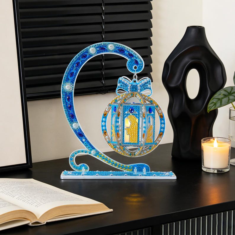 DIY 3D Acrylic Diamond Painting Lantern Stand, Blue Rhinestone Candle ...