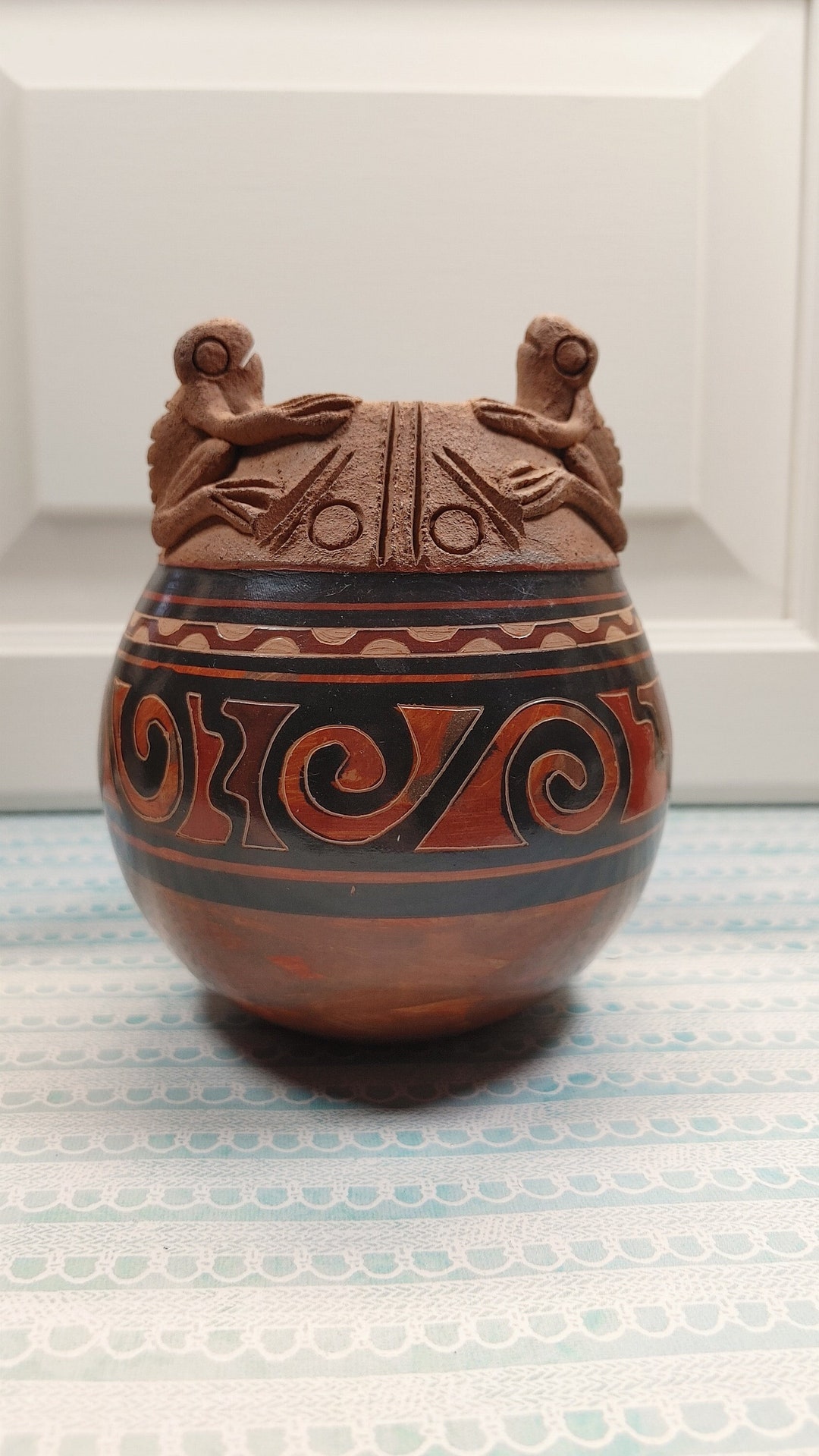 Vintage Native Artisan Clay Pottery Pot Hand Painted With Carved ...