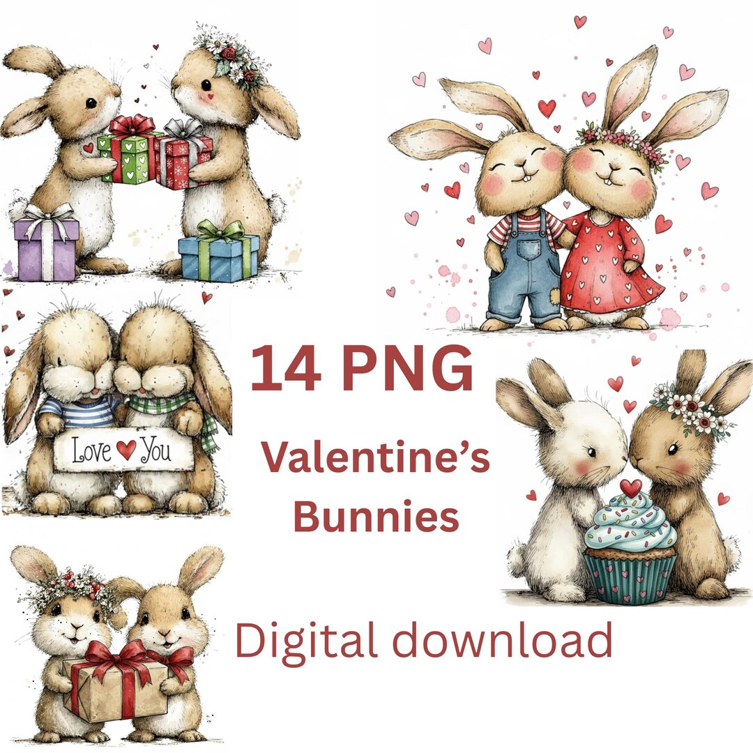 14 Watercolor Valentine Bunny Clipart, Whimsical Rabbit Pngs, Cute ...