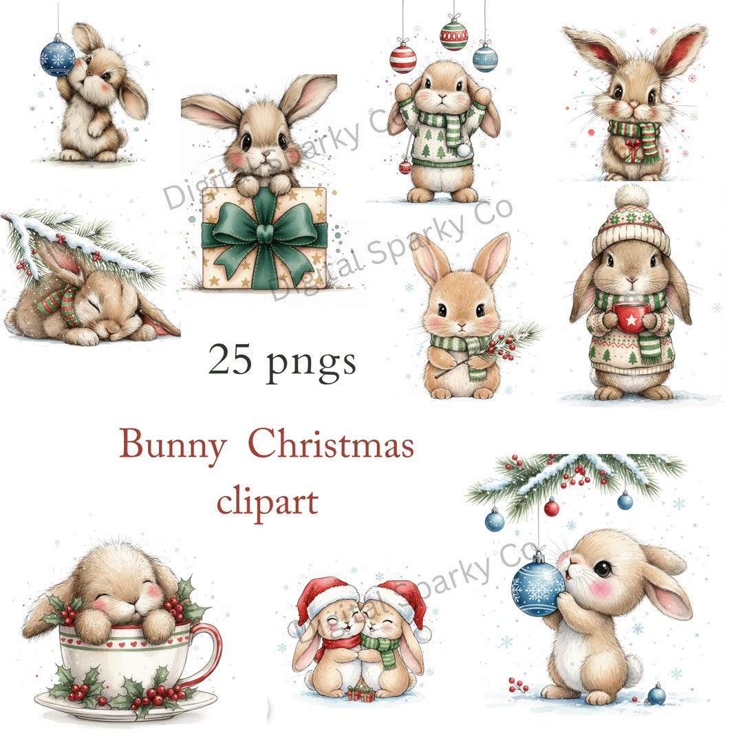 25 Whimsical Christmas Bunny Clipart Set, Watercolor Rabbit Pngs ...