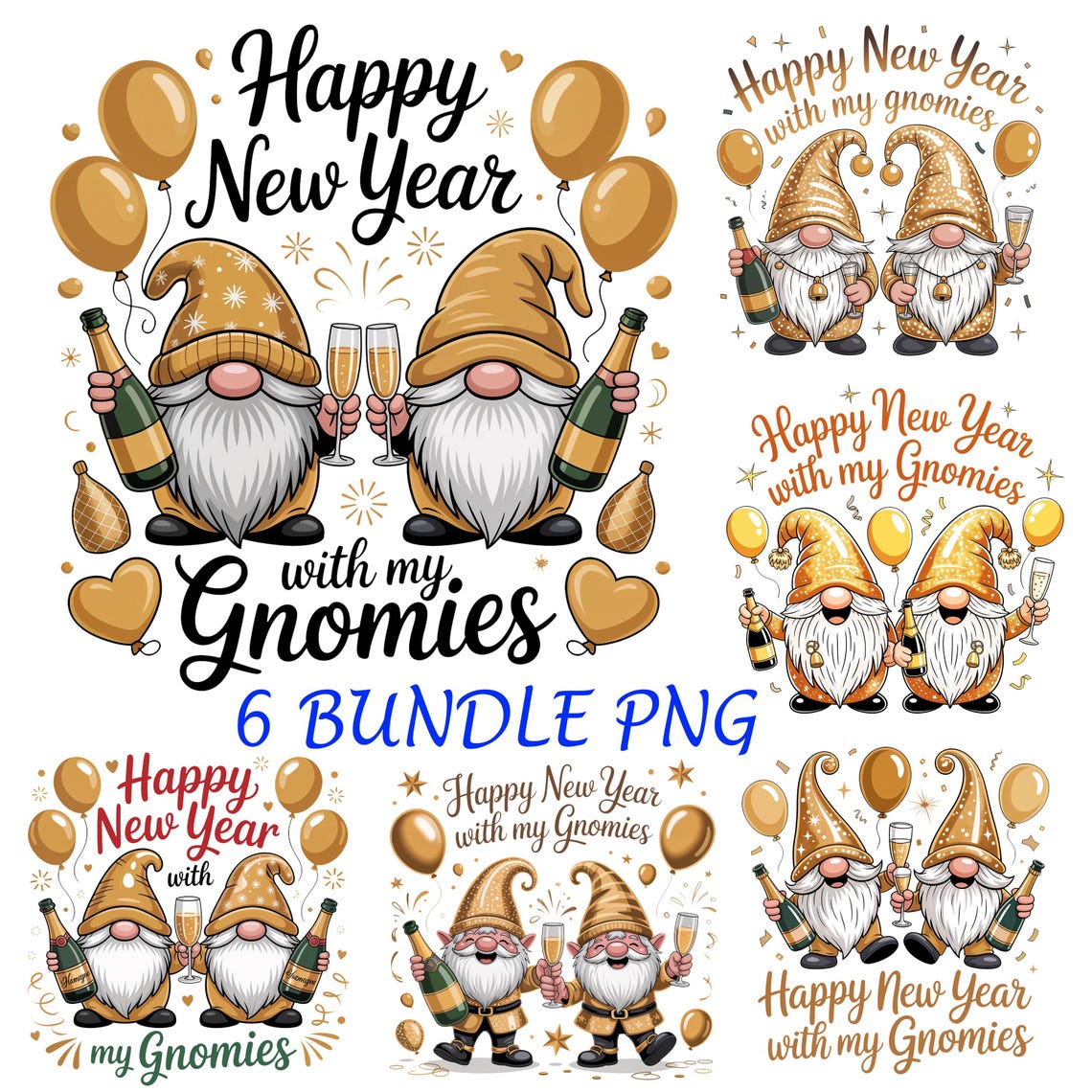 Happy New Year Gnomes PNG Bundle, 6 New Year Gnomies , Cute Christmas ...