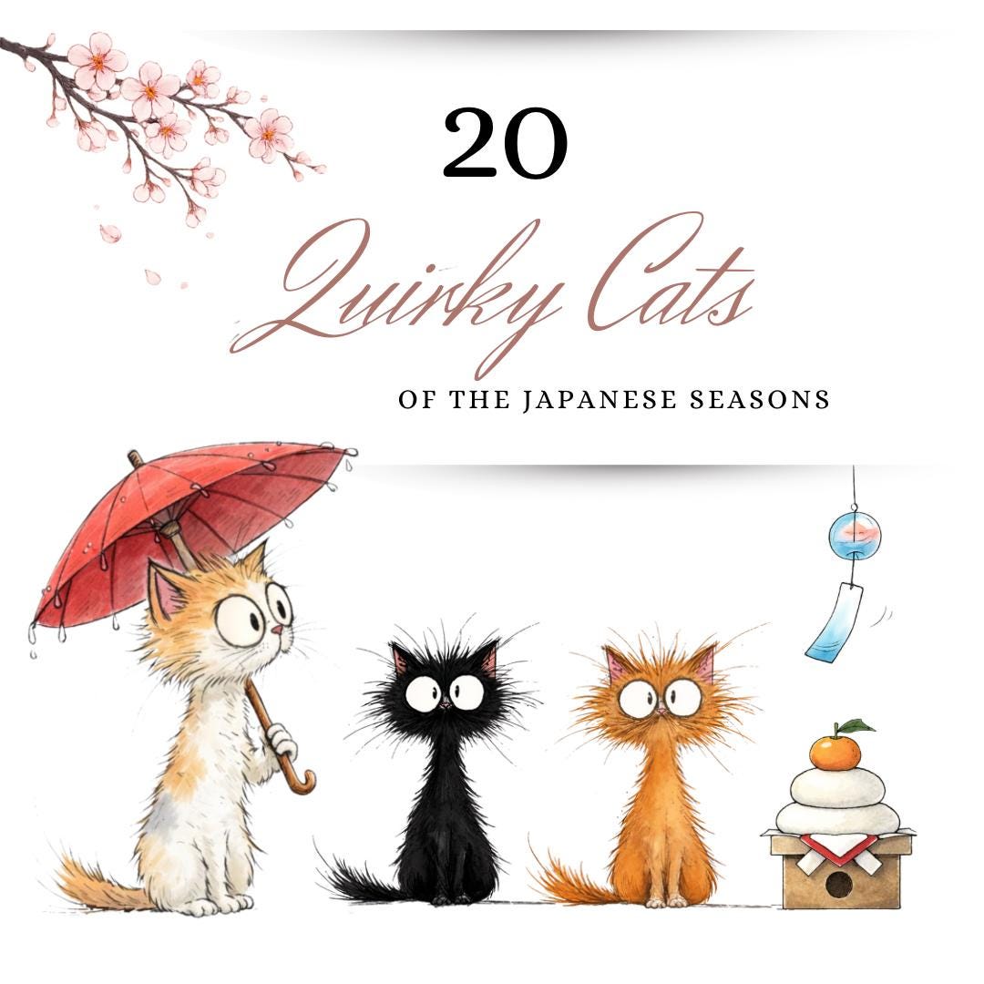 Quirky Japanese Cat Clipart Bundle - 20 Cute Watercolor Messy Hair Cats ...