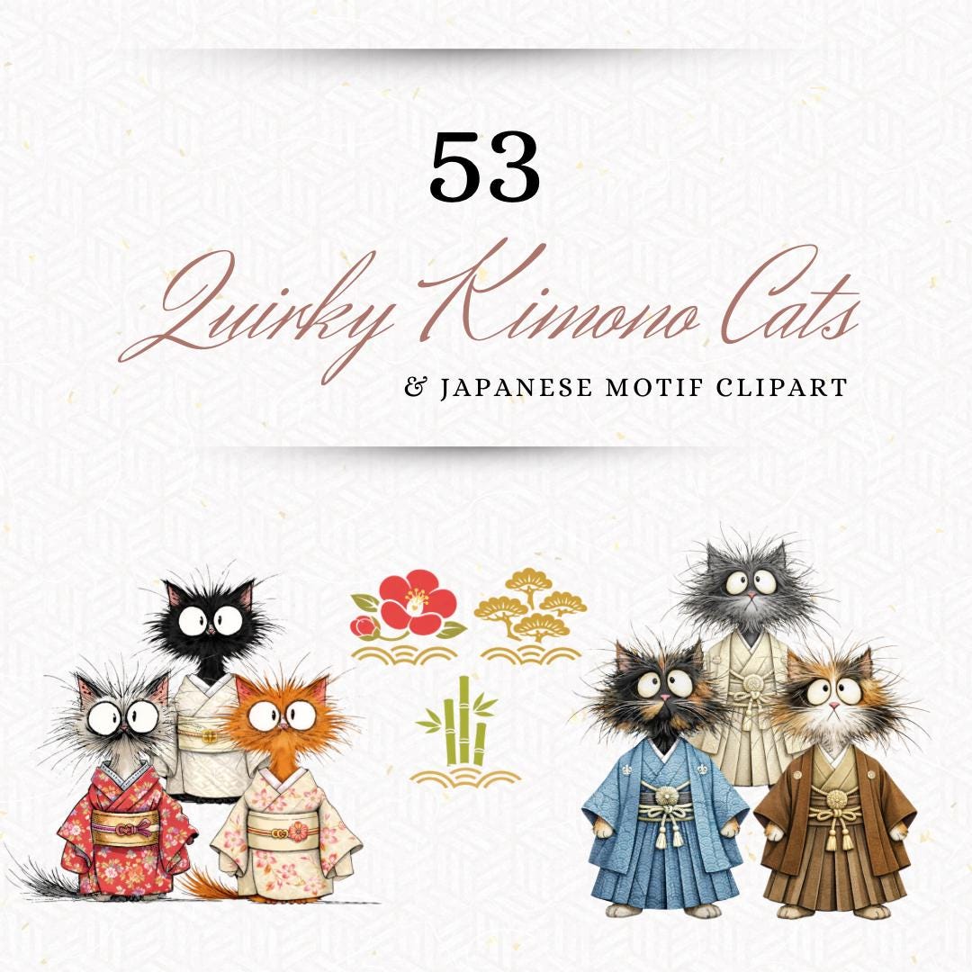 Quirky Cats in Kimono Clipart - Whimsical Japanese Feline in Hakama ...