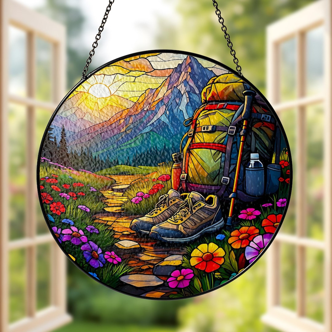 Hiking Backpack Glass Suncatcher | Mountain Window Decor - Etsy