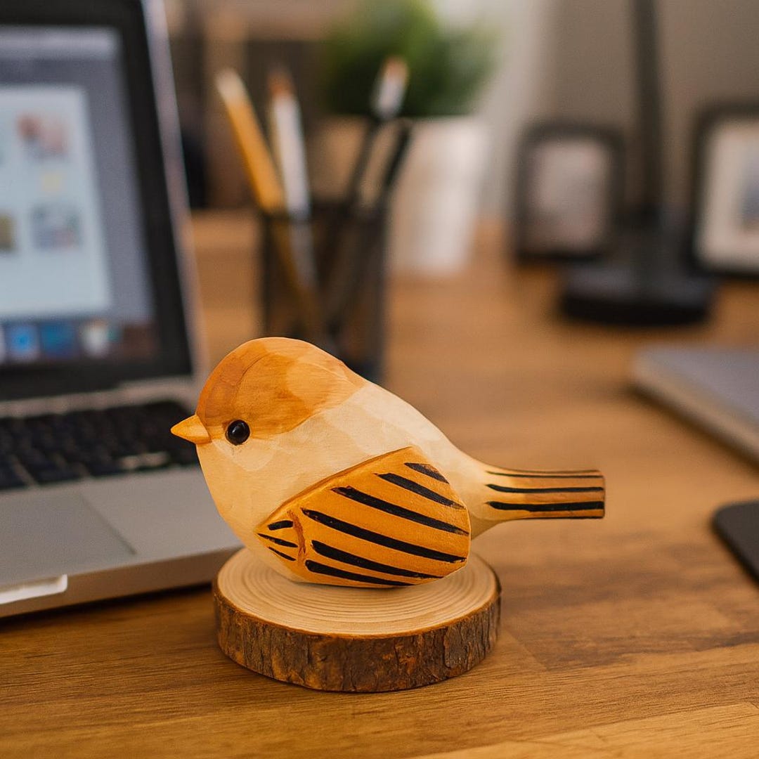 Mini Sparrow Wooden Figurine - Hand Carved Bird Ornament, Cute Desk ...