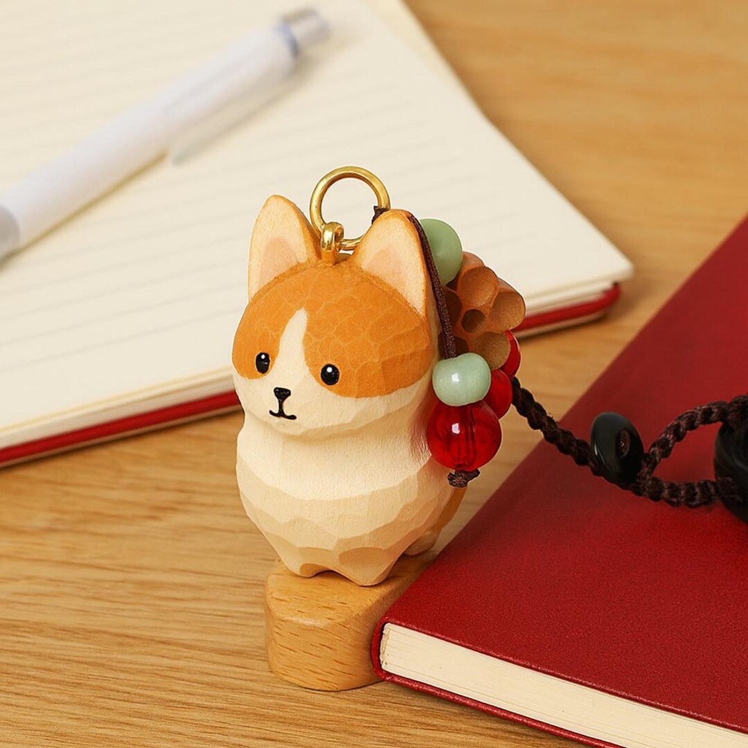 Hand Carved Wooden Corgi Keychain – Crystal Bead, Woven Cord Charm - Etsy
