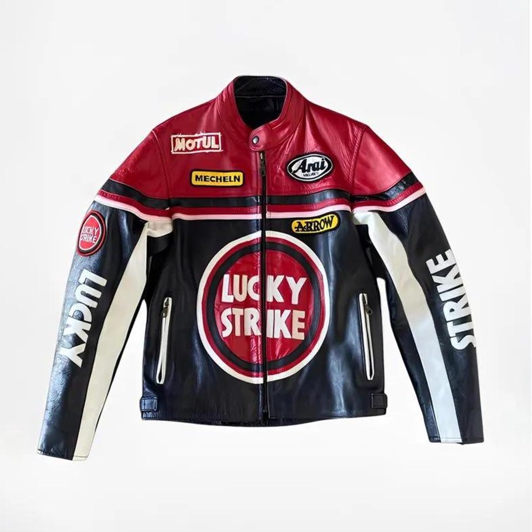 Lucky Strike Genuine Cowhide Motorcycle Racing Leather Jacket Men's ...