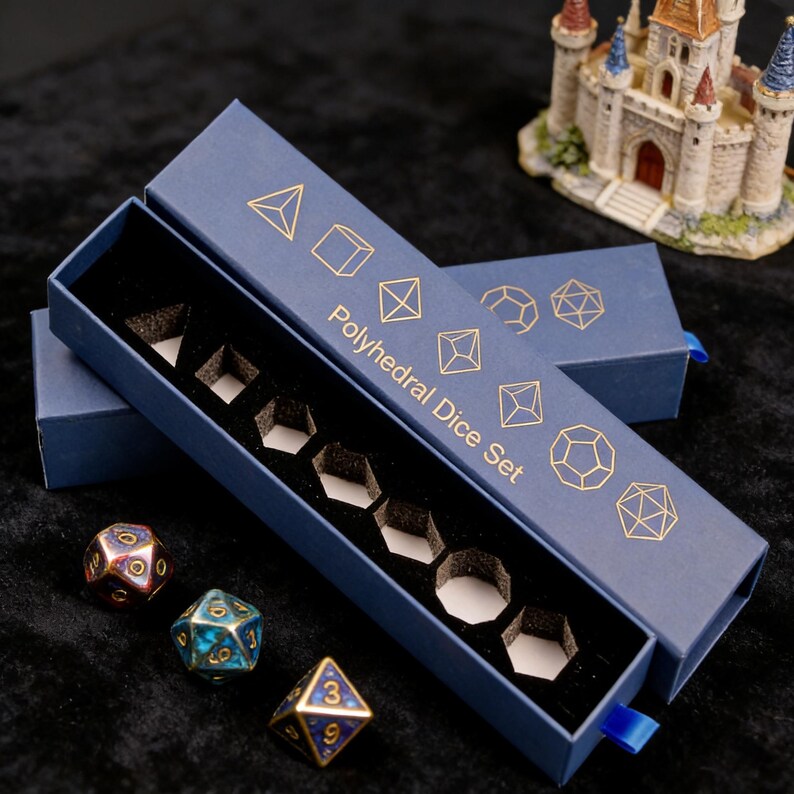 Drawer Style Polyhedral Dice Gift Box, Navy Blue Gold Foil Dice Set ...