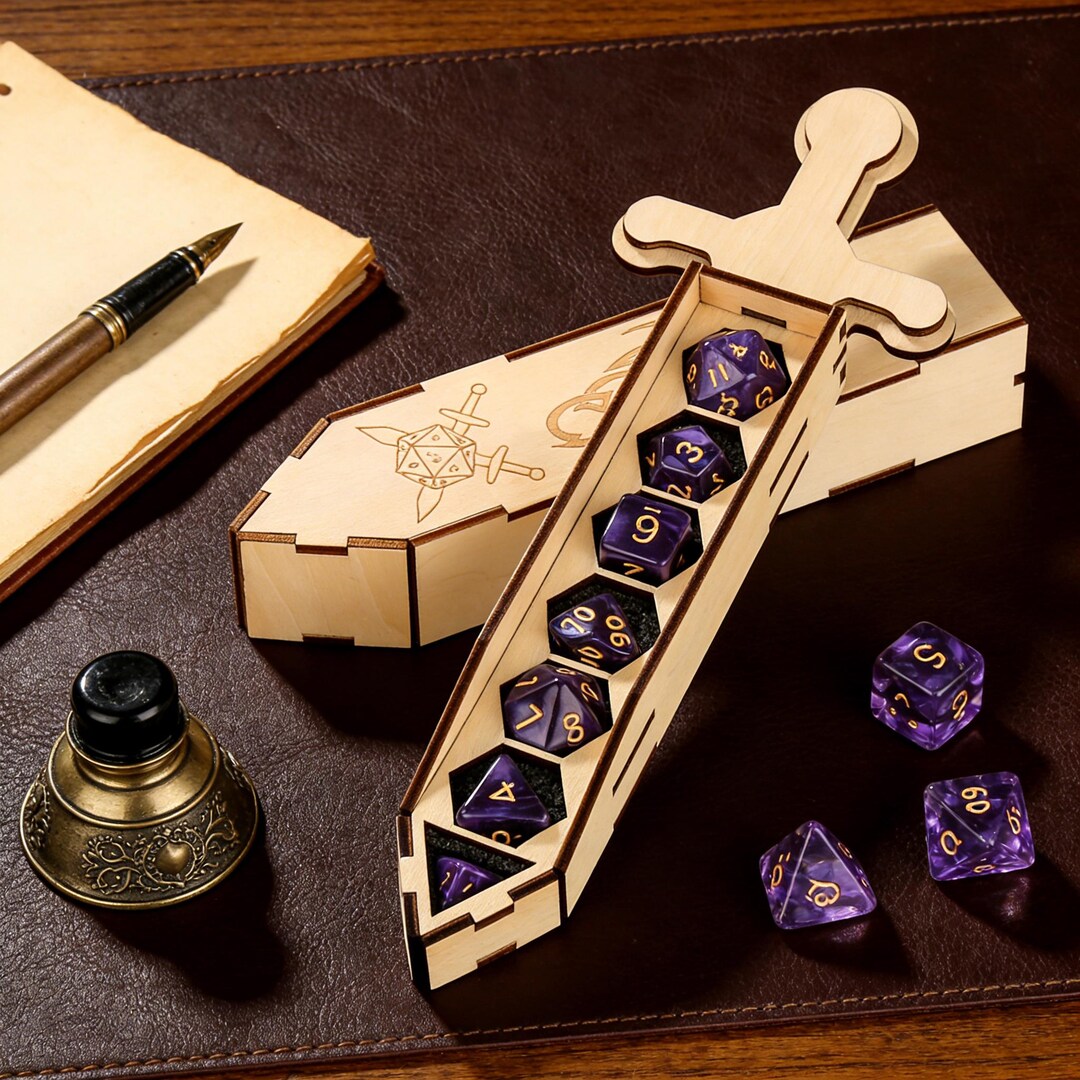 Sword Dice Box With Purple Polyhedral Dice Set, Wooden Scabbard Storage ...