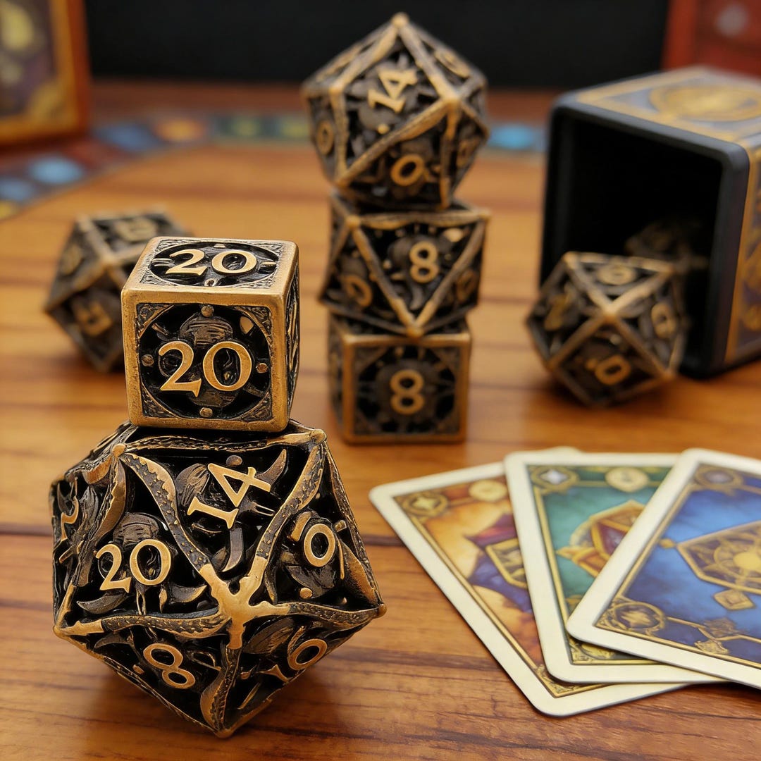 Hollow Metal Dice Set for DND – Vintage Antique Gold Polyhedral Dice ...