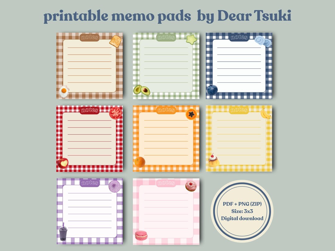 Cozy Kawaii Memo Pad Set | Printable Gingham Food-inspired Aesthetic ...