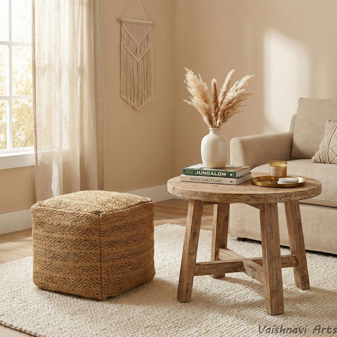 18"x18" Jute Pouf Ottoman, Living Room Ottomans, Square Jute Pouf ...