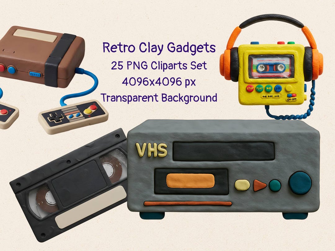 Retro Clay Gadgets Clipart, 80s 90s Vintage Technology, Plasticine ...