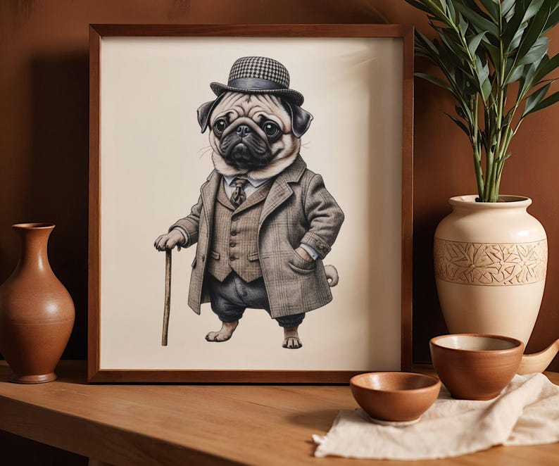 Vintage Pug Detective Clipart – Watercolor PNG Illustration – Cozy Dog ...