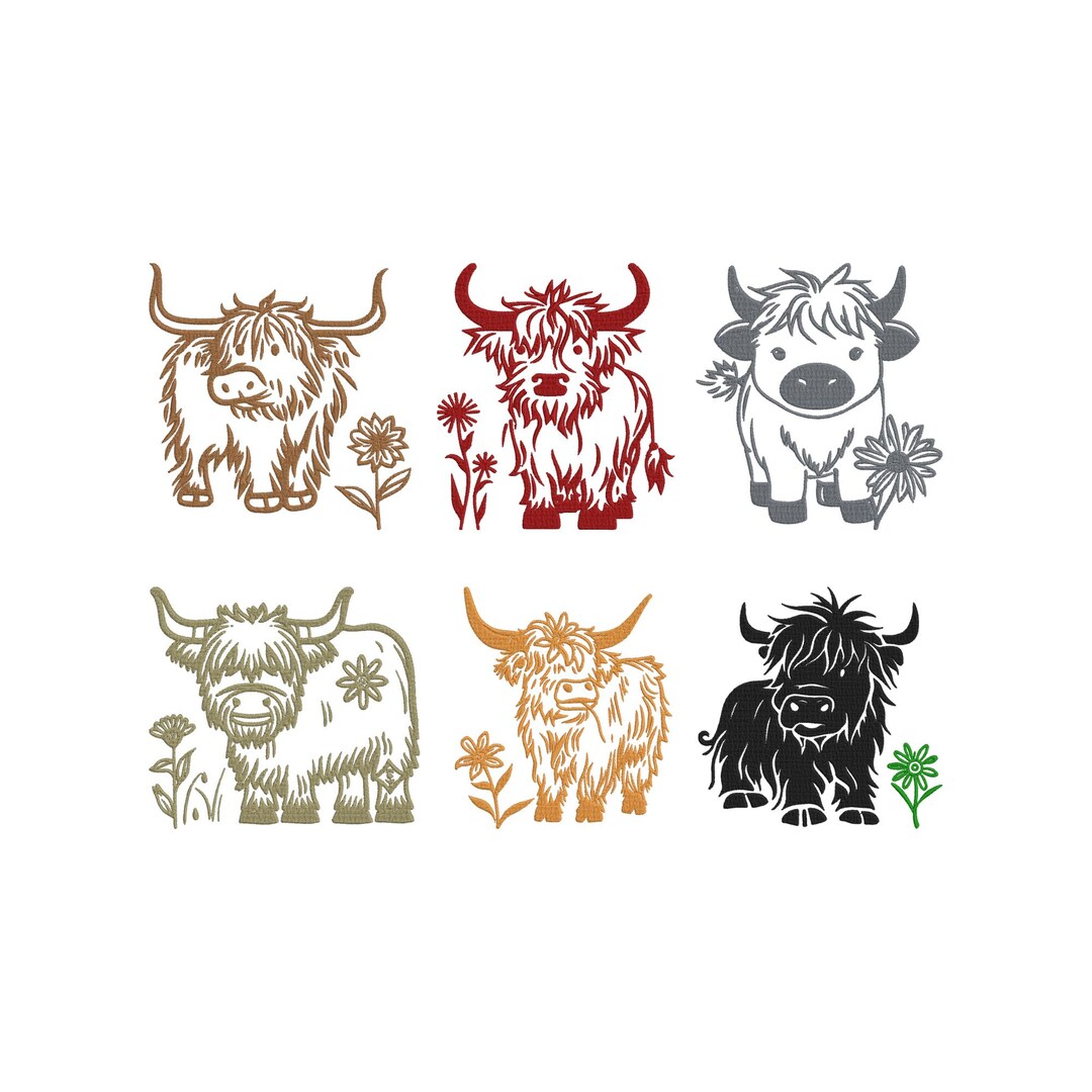 Highland Cow Design, Highland Cow Machine Embroidery File, 6 Design, 5 ...