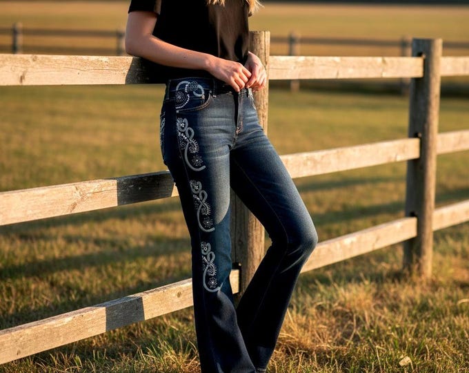 Elite Jeans Embellished Flare Jeans Women Dark Wash Bootcut Denim Pants ...