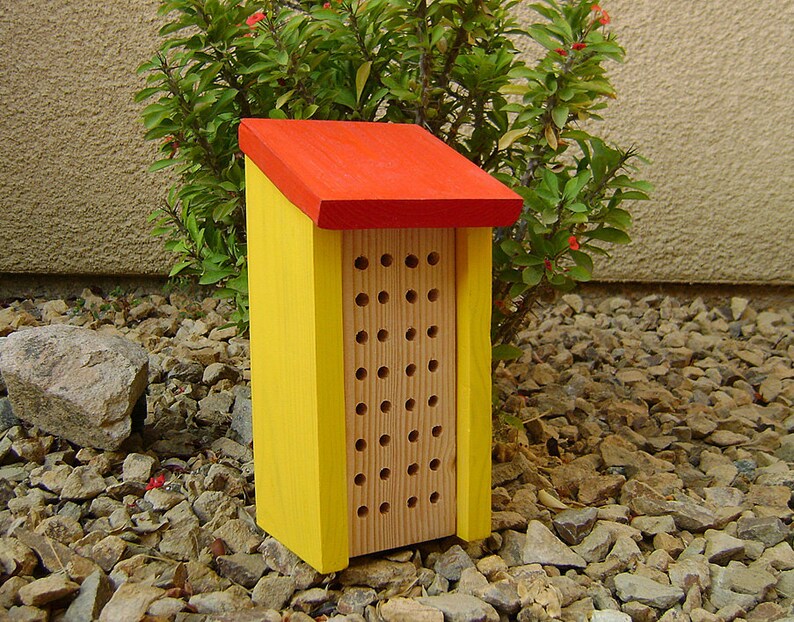 Solitary BEE HOUSE, Yellow and Red, Hand Made, Hand Painted. Made to ...