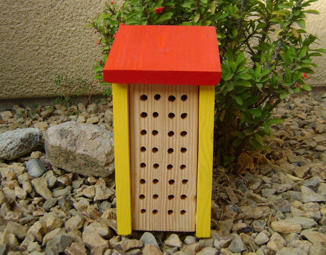 Solitary BEE HOUSE, Yellow and Red, Hand Made, Hand Painted. Made to ...