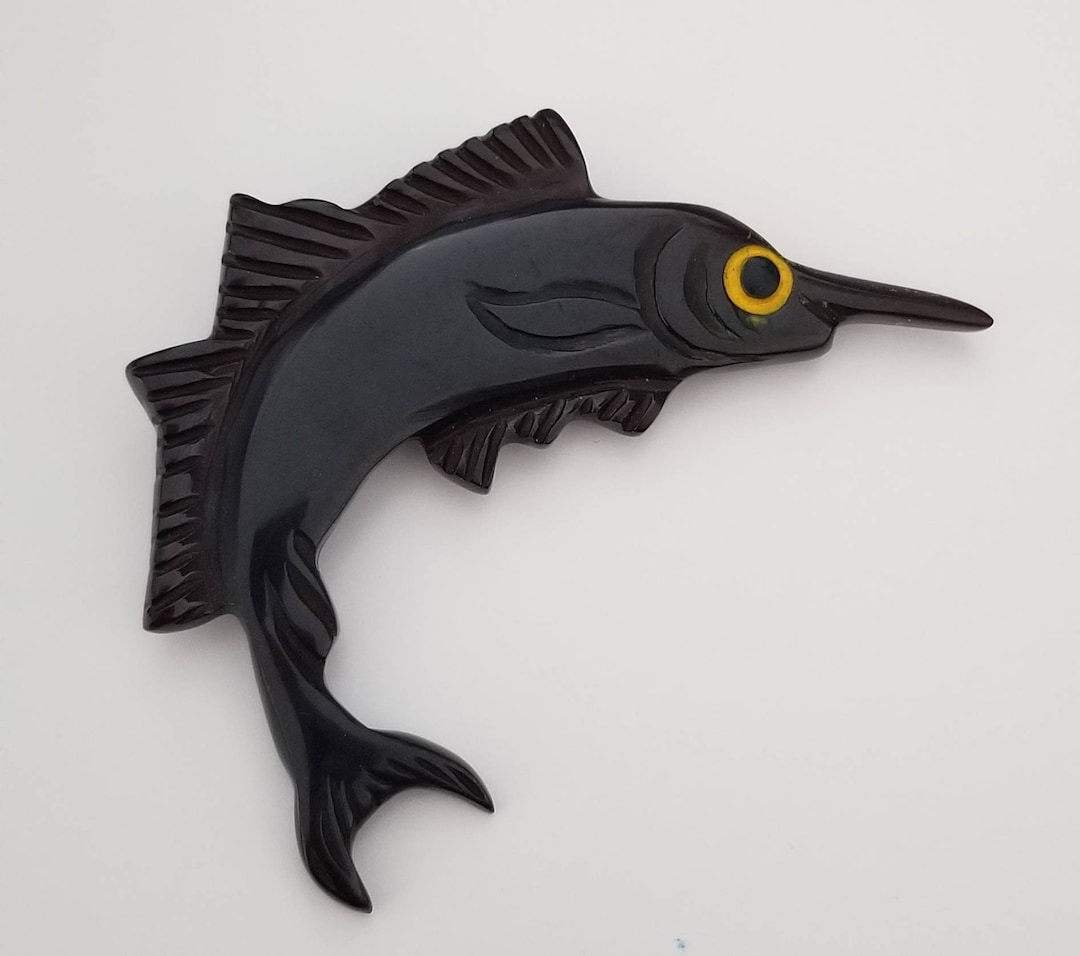 Vintage Bakelite Sailfish Brooch, Swordfish Novelty Pin, Carved Plastic ...