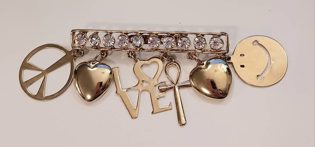 Large 1990s Gold Tone Peace and Love Dangling Eclectic Brooch - Etsy