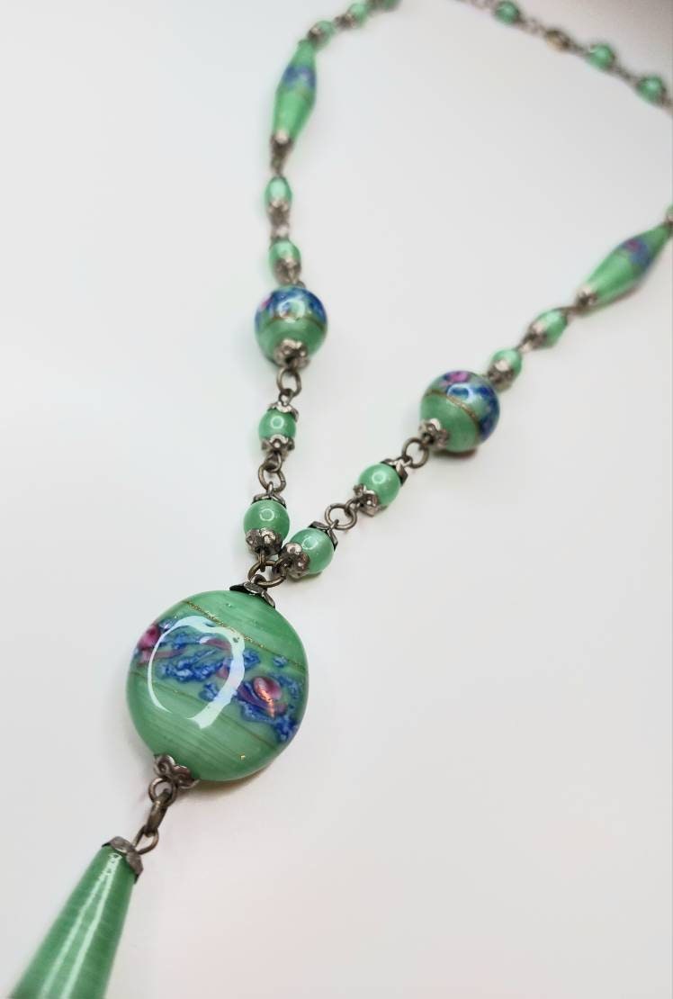 Vintage Turquoise Color Glass Bead Art Deco Necklace Classic - Etsy