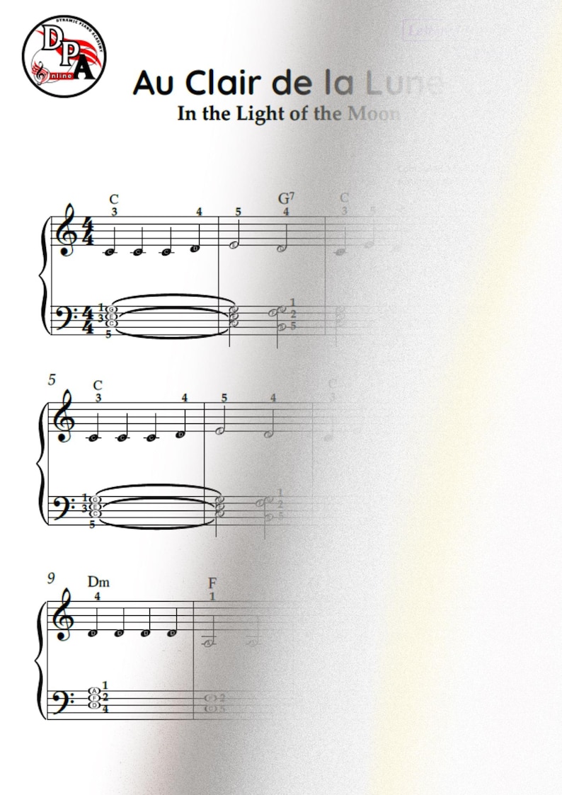 Au Clair De La Lune - Piano Sheet Music Digital Download - Easy Piano ...