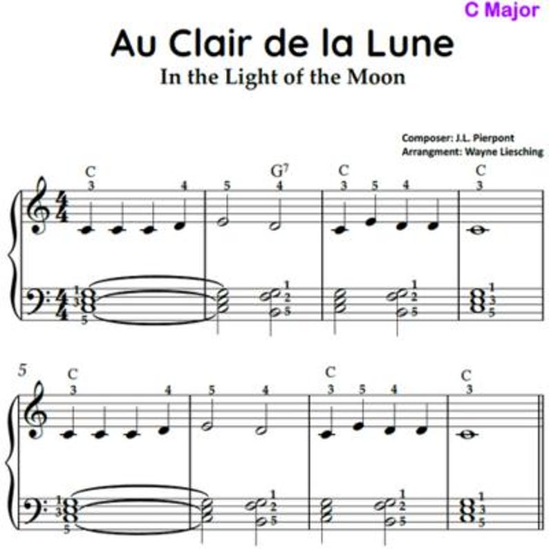 Au Clair De La Lune - Piano Sheet Music Digital Download - Easy Piano ...
