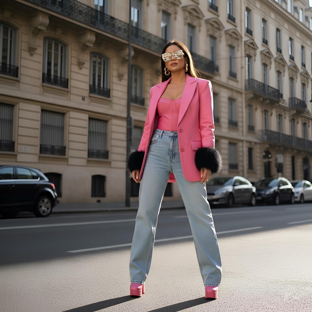 Handmade Pink Cow Leather Blazer | Women's Fur Cuff Jacket - Etsy