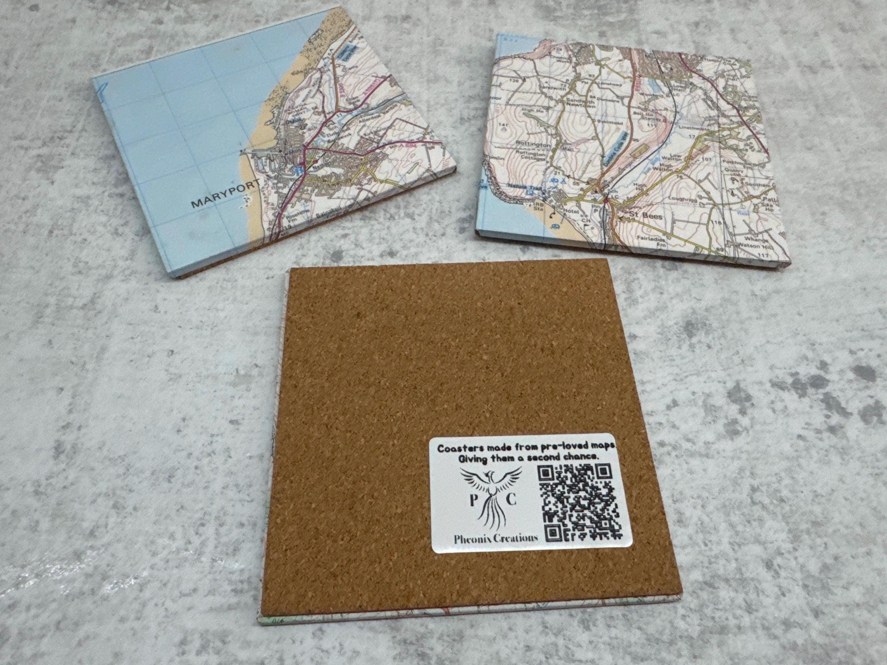 Personalised Map Coaster Recycled Handmade Upcycled Map Gift Custom ...