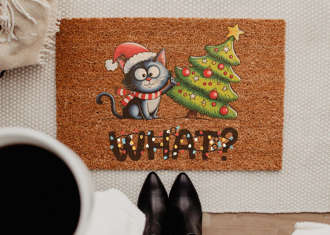 Funny Christmas Cat Coir Doormat - Holiday Welcome Mat for Front Door ...